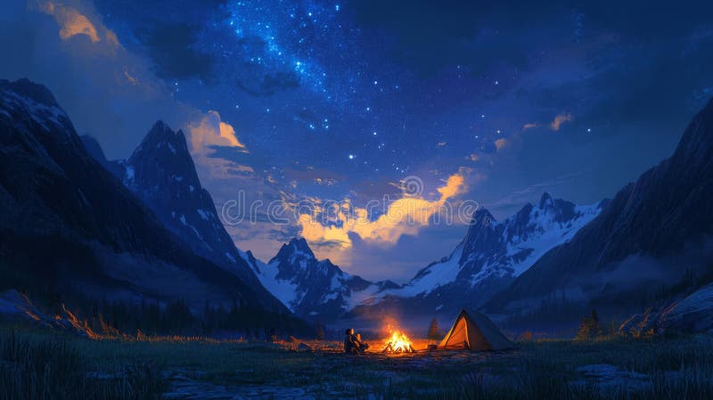 Campfire Under a Starry Sky in the Mountains Stock Illustration - Illustration of hiking, range ...