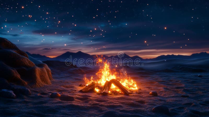 Campfire Under a Starry Sky with Mountains in the Distance Stock ...