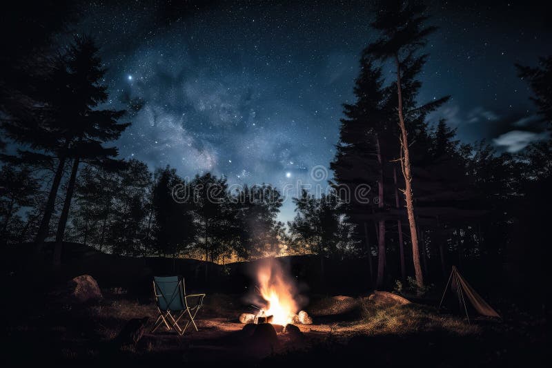 Campfire Under a Starry Sky, with Silhouette of Trees in the Background ...