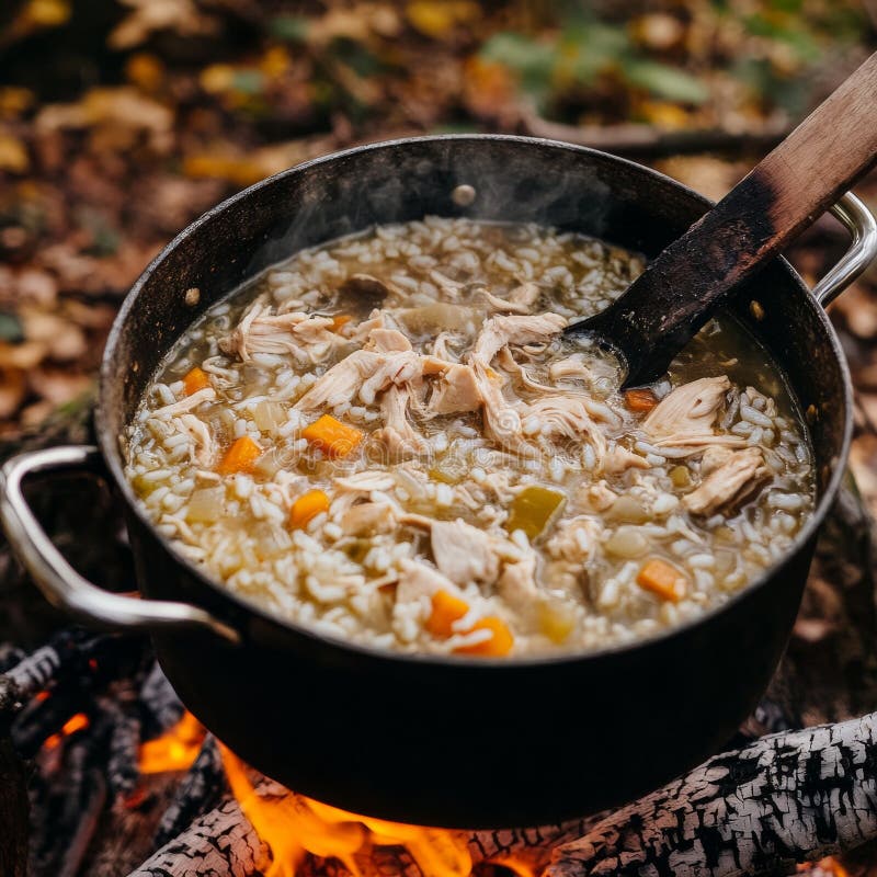 A Campfire with Visible Flames Cooks Chicken Stew that is Contained ...