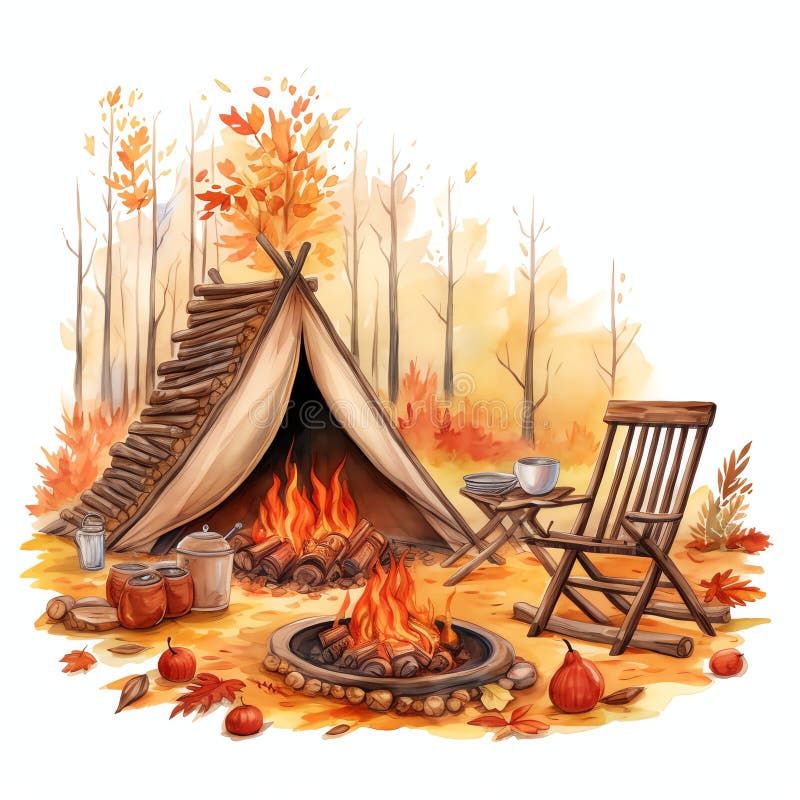 Campfire Warmth Autumn Fall Watercolor Illustration Stock Illustration ...