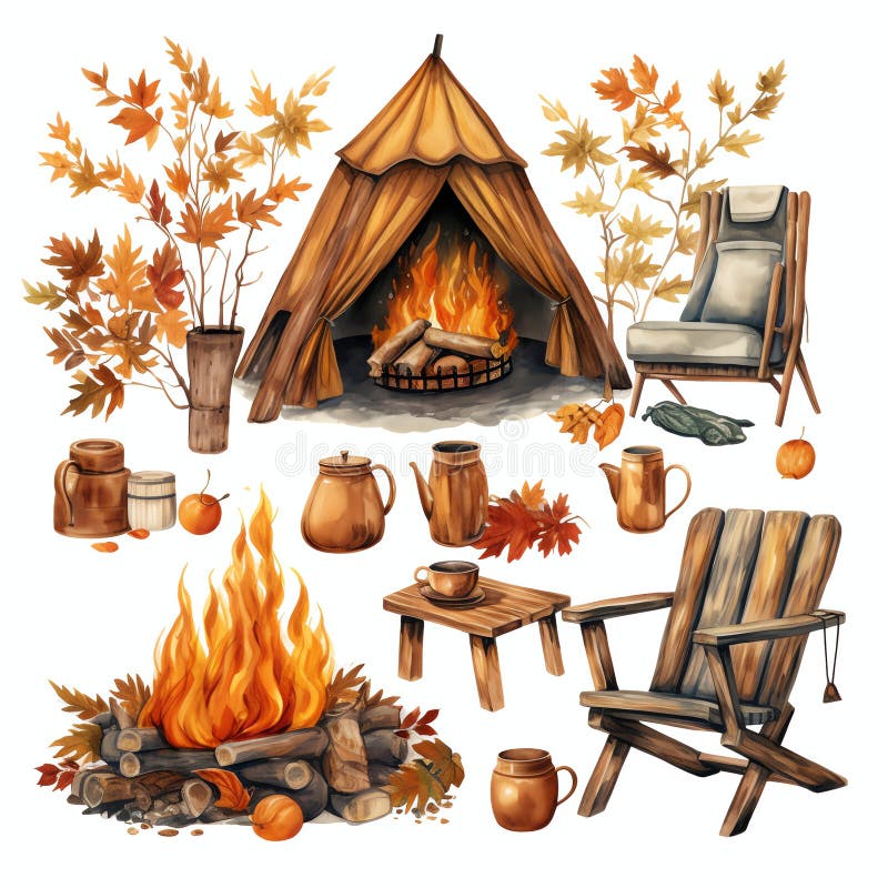 Campfire Warmth Autumn Fall Watercolor Illustration Stock Illustration ...