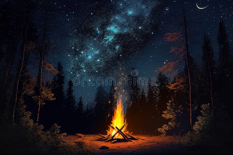 Campfire in the Woods among the Stars - Generative AI Stock ...
