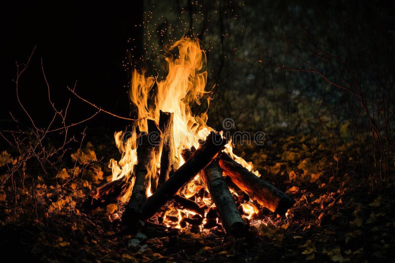 Campfire in the Woods, Warm Atmosphere Inside the Forest Late at Night ...