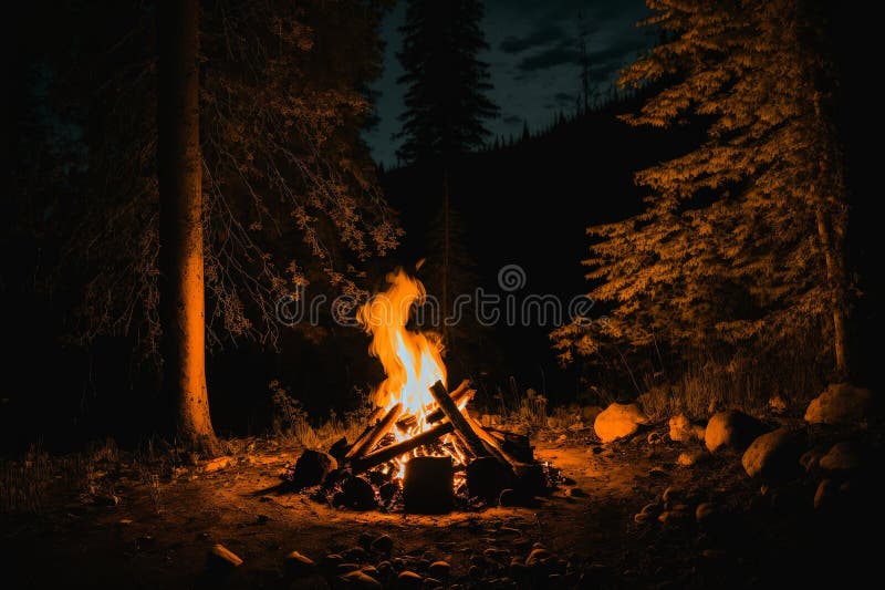 Campfire in the Woods, Warm Atmosphere Inside the Forest Late at Night ...
