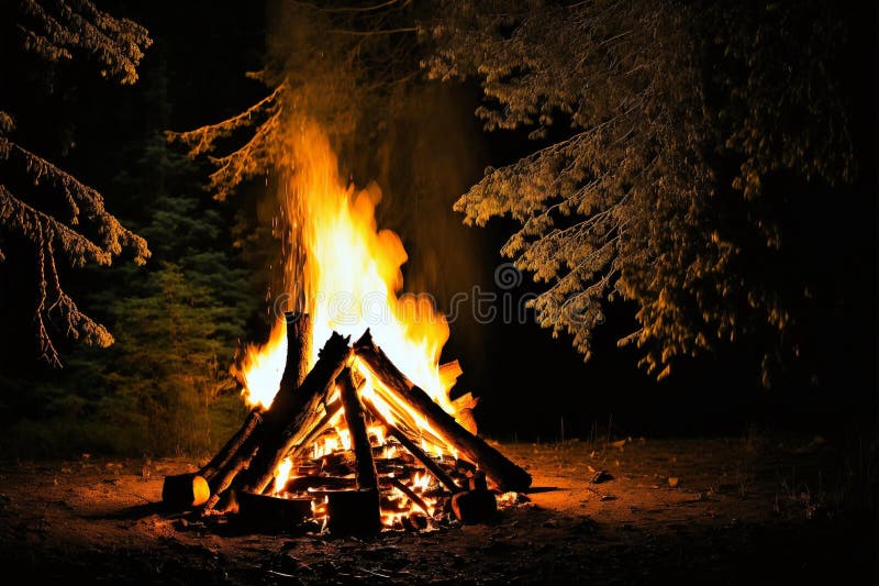 Campfire in the Woods, Warm Atmosphere Inside the Forest Late at Night ...
