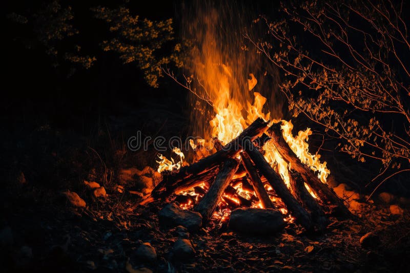 Campfire in the Woods, Warm Atmosphere Inside the Forest Late at Night ...