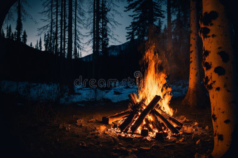 Campfire in the Woods, Warm Atmosphere Inside the Forest Late at Night ...