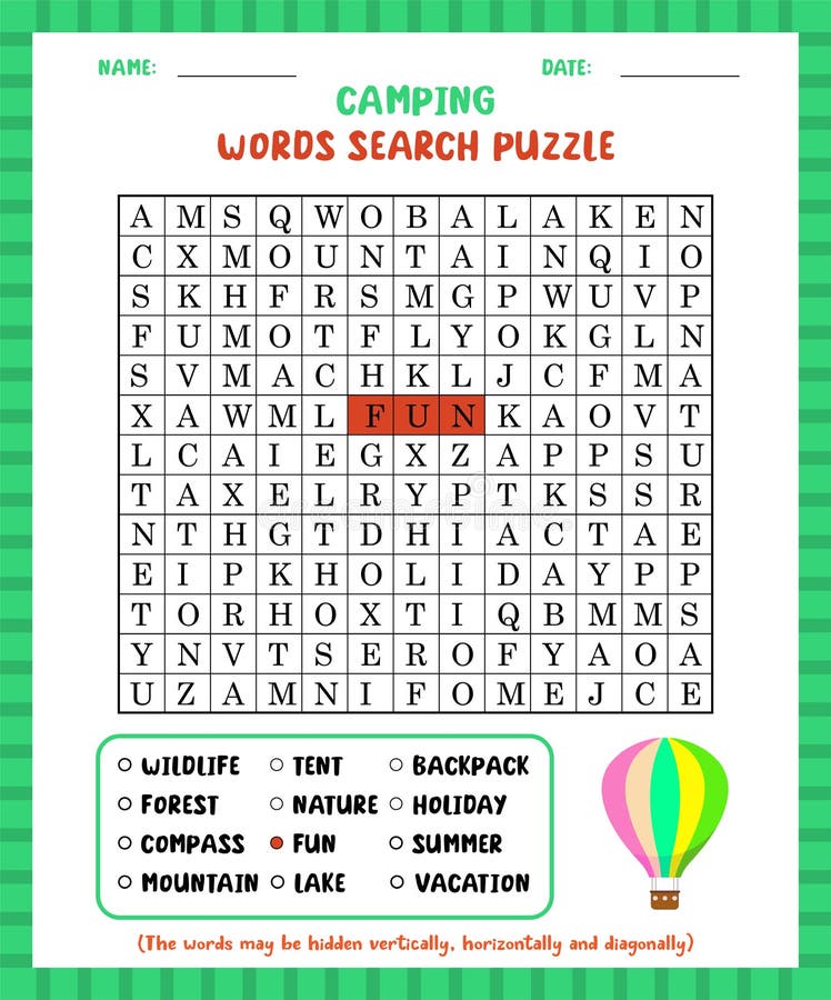 Word Search Game Camping Word Search Puzzle Worksheet for Learning ...