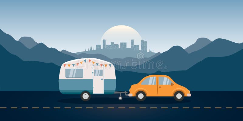 Camping Adventure Car with Caravan on the Road Stock Illustration ...