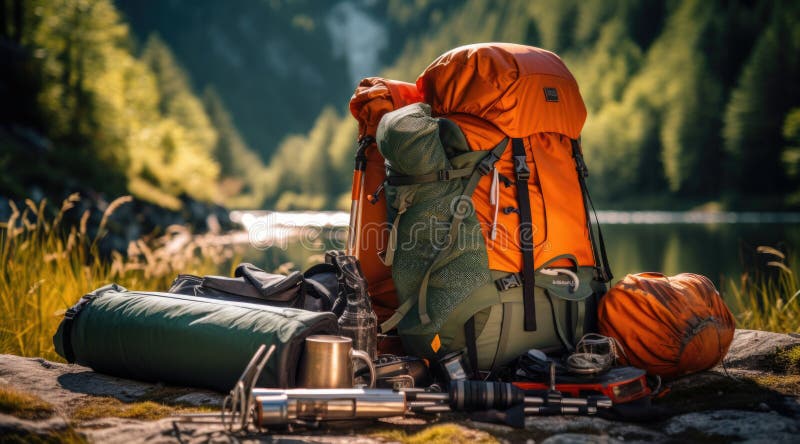Camping Backpack, Elements and Equipment in a Forest Lawn Stock ...
