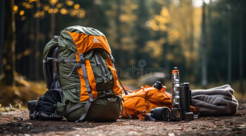 Camping Backpack, Elements and Equipment in a Forest Lawn Stock Photo ...