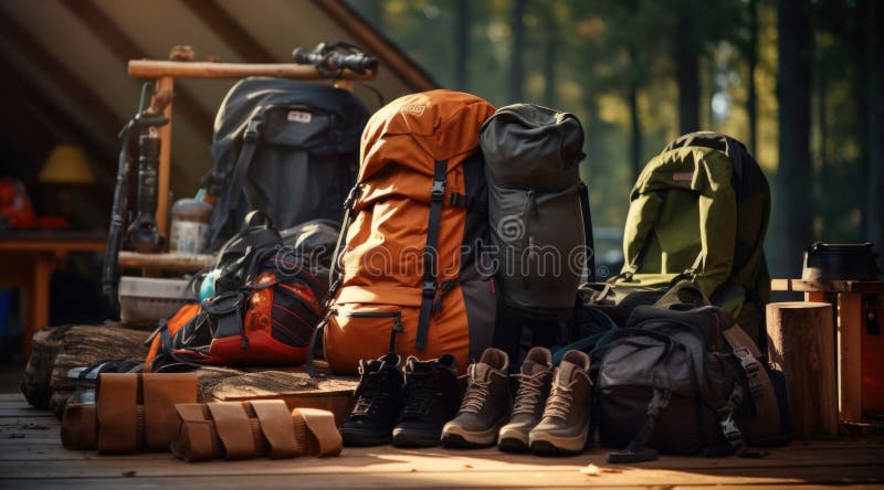 Camping Backpack, Elements and Equipment in a Forest Lawn Stock Image ...