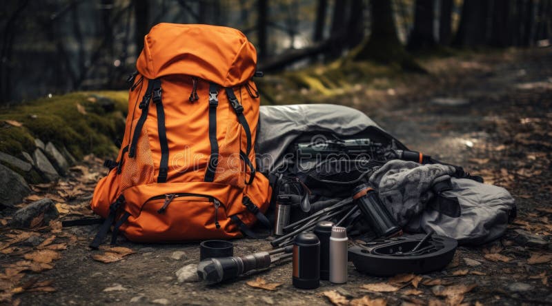 Camping Backpack, Elements and Equipment in a Forest Lawn Stock Photo ...