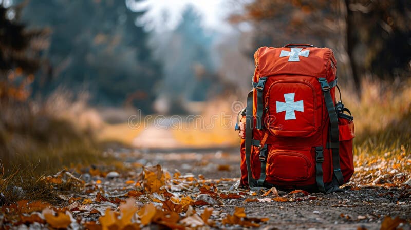 Camping Backpack First Aid Kit Sits on a Path in a Forest, Ready To ...