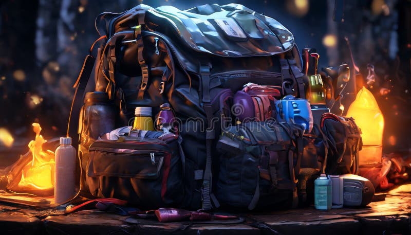 Camping Backpack with Gear in Front of Campfire in Wilderness Stock ...