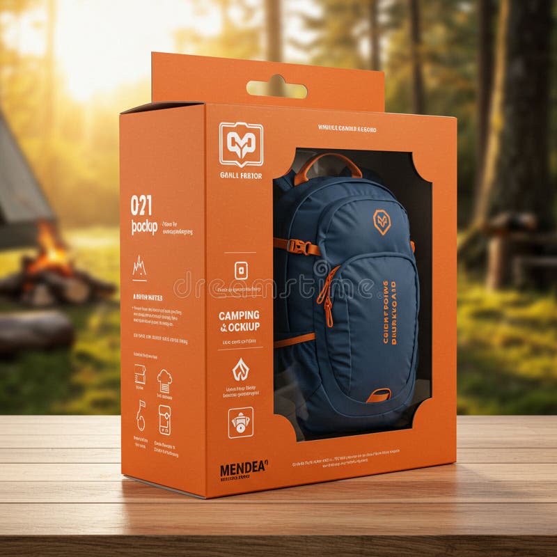 Camping Backpack in an Orange and Transparent Box, Placed on a Wooden ...