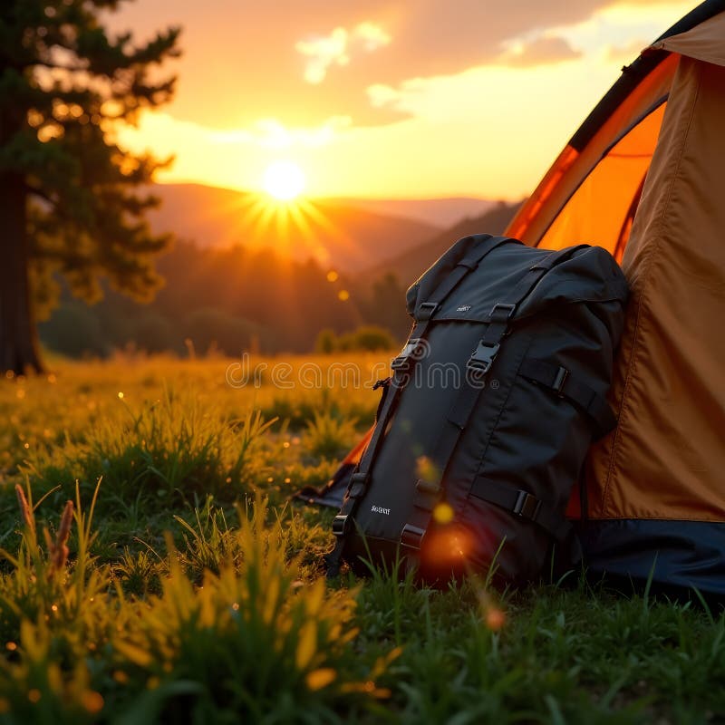Camping Backpack beside Tent at Mountain Sunset in Wilderness Field ...