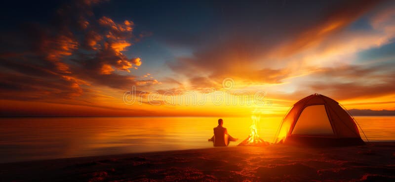 Camping Banner. Fire and Tent at Sunset. Campfire Stock Illustration ...