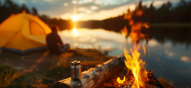 Camping Banner. Fire and Tent at Sunset. Campfire Stock Illustration ...