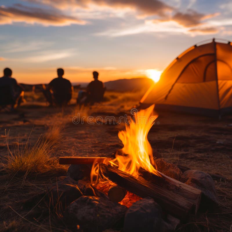 Camping Banner. Fire and Tent at Sunset. Campfire Stock Illustration ...