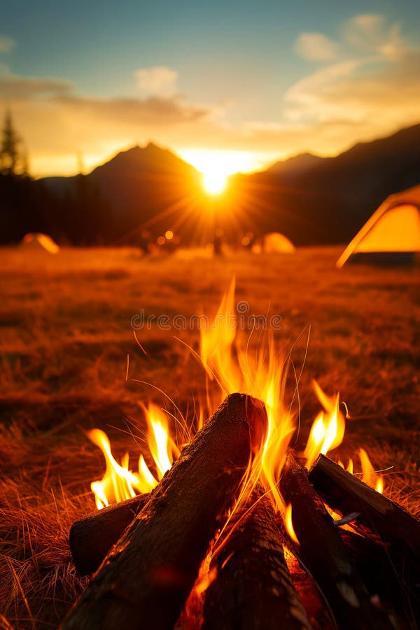 Camping Banner. Fire and Tent at Sunset. Campfire Stock Illustration ...