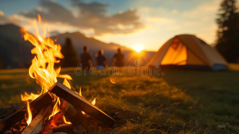Camping Banner. Fire and Tent at Sunset. Campfire Stock Illustration ...