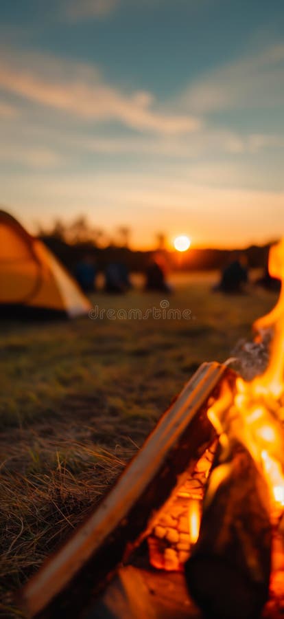 Camping Banner. Fire and Tent at Sunset. Campfire Stock Illustration ...