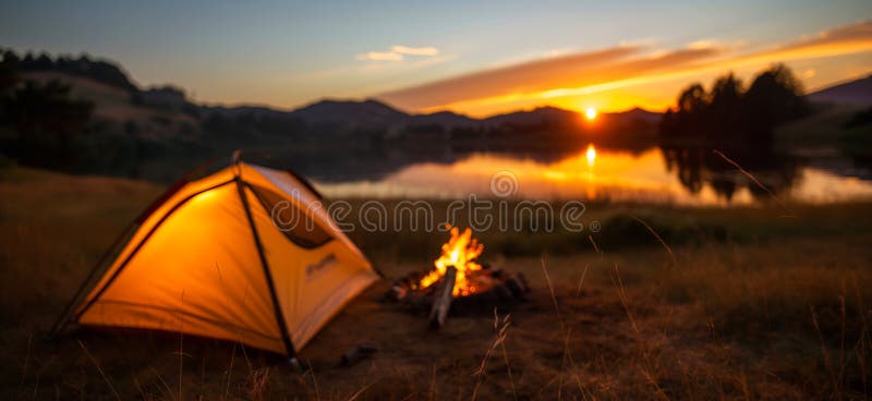Camping Banner. Fire and Tent at Sunset. Campfire Stock Illustration ...