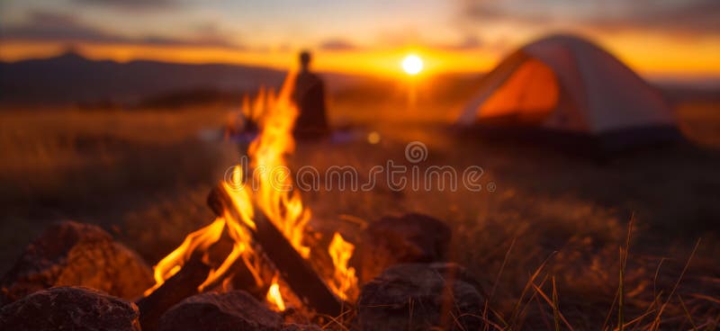 Camping Banner. Fire and Tent at Sunset. Campfire Stock Illustration ...