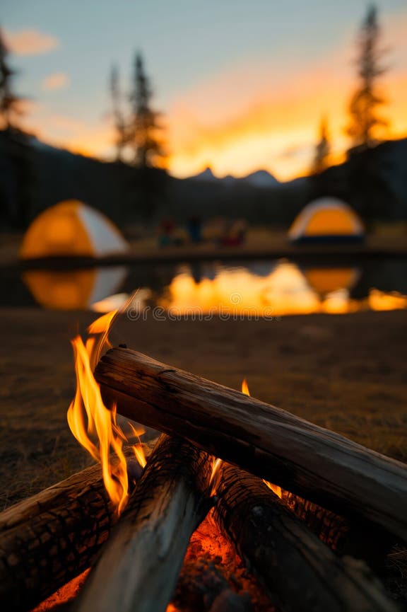 Camping Banner. Fire and Tent at Sunset. Campfire Stock Illustration ...