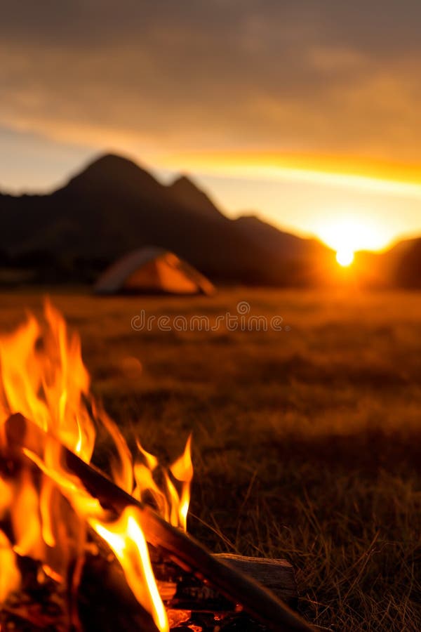 Camping Banner. Fire and Tent at Sunset. Campfire Stock Illustration ...