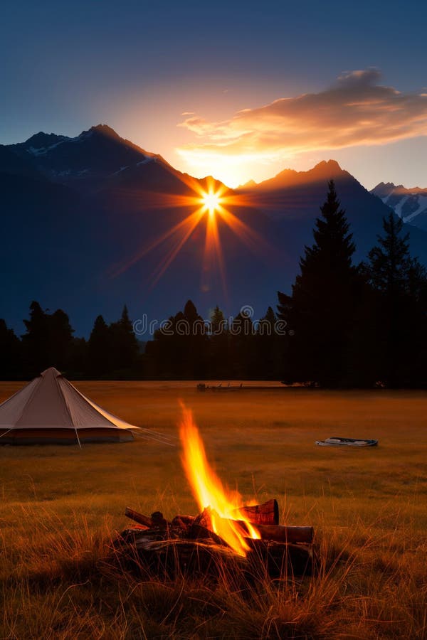 Camping Banner. Fire and Tent at Sunset. Campfire Stock Illustration ...