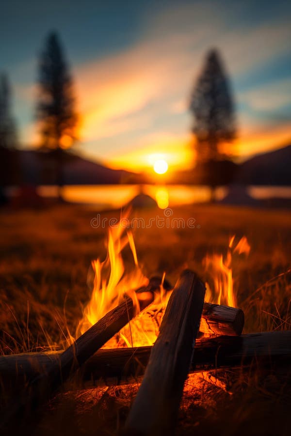 Camping Banner. Fire and Tent at Sunset. Campfire Stock Illustration ...