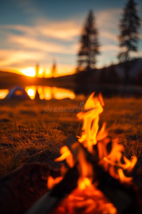 Camping Banner. Fire and Tent at Sunset. Campfire Stock Illustration ...