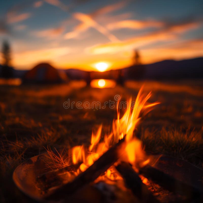 Camping Banner. Fire and Tent at Sunset. Campfire Stock Illustration ...