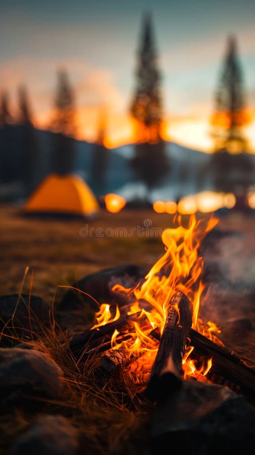 Camping Banner. Fire and Tent at Sunset. Campfire Stock Illustration ...