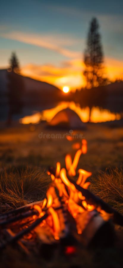 Camping Banner. Fire and Tent at Sunset. Campfire Stock Illustration ...