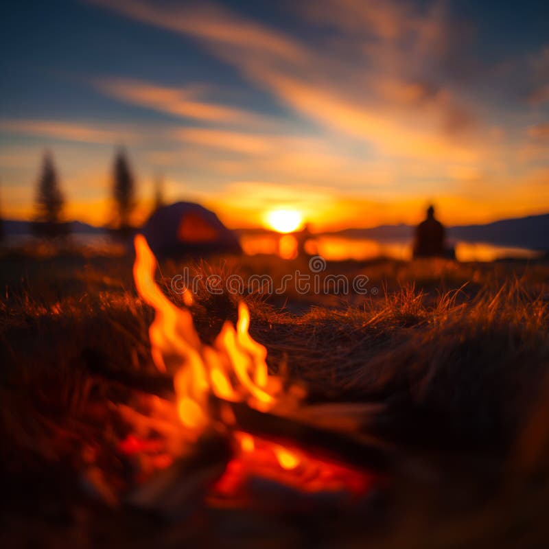 Camping Banner. Fire and Tent at Sunset. Campfire Stock Illustration ...