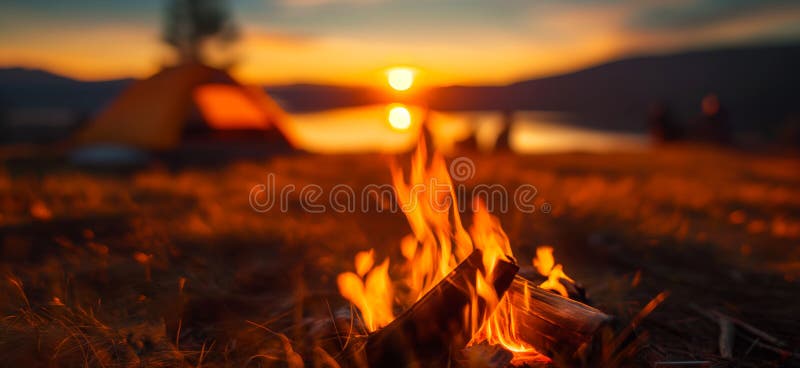 Camping Banner. Fire and Tent at Sunset. Campfire Stock Illustration ...