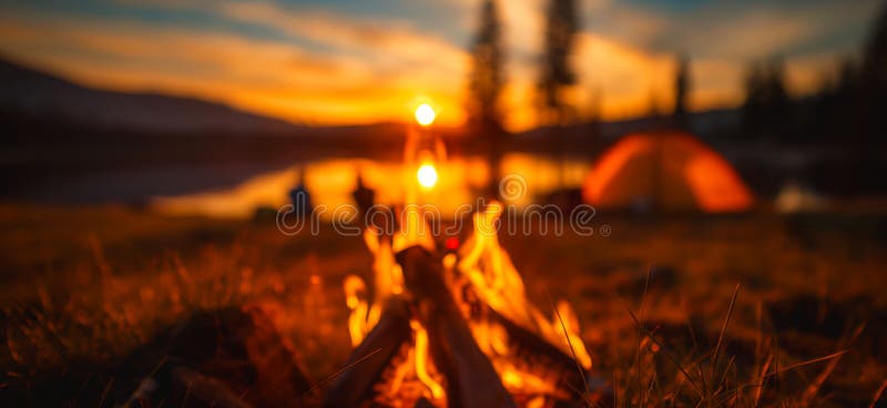 Camping Banner. Fire and Tent at Sunset. Campfire Stock Illustration ...