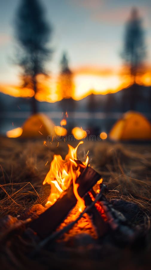 Camping Banner. Fire and Tent at Sunset. Campfire Stock Illustration ...