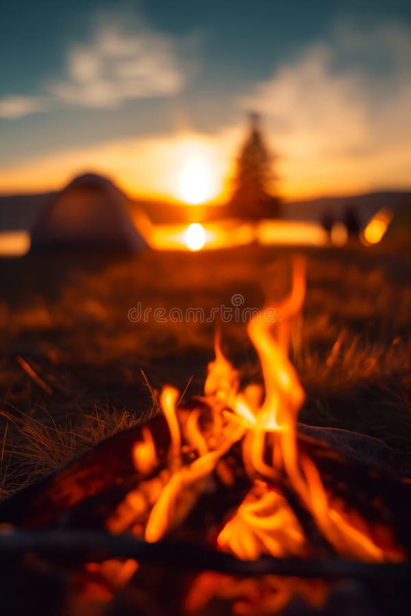 Camping Banner. Fire and Tent at Sunset. Campfire Stock Illustration ...