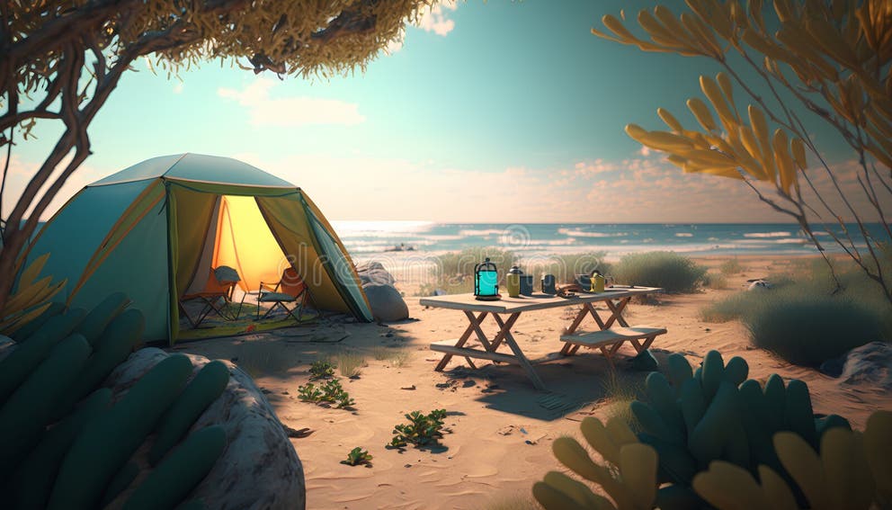 Camping on the Beach. 3d Render. Conceptual Image Stock Illustration ...