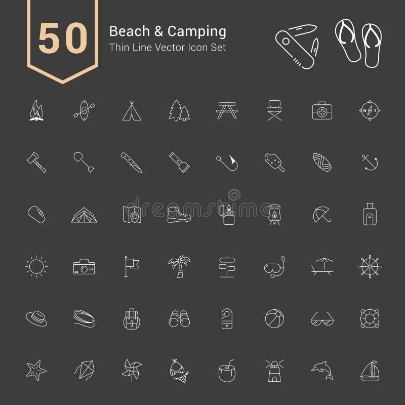 Camping & Beach Icon Set. 50 Thin Line Vector Icons. Stock Vector ...