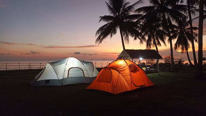 Camping on the beatch stock image. Image of tree, sunlight - 261651753