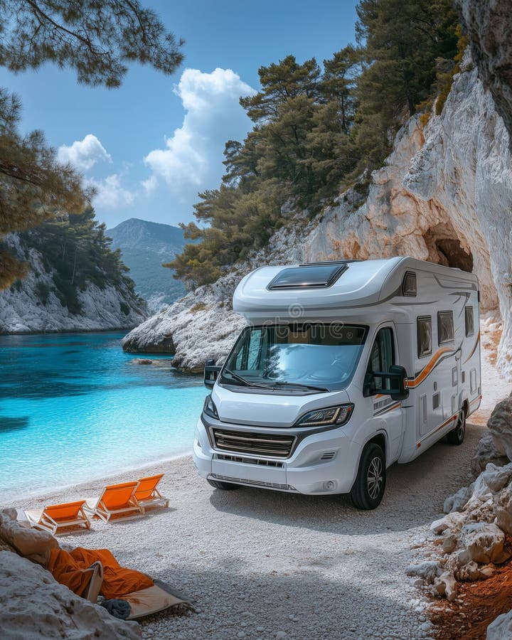 Camping Bliss with a Campervan by the Serene Beach at Midday Stock ...