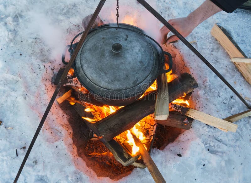 Camping Bonfire with Bowler Stock Image - Image of flame, firewood ...