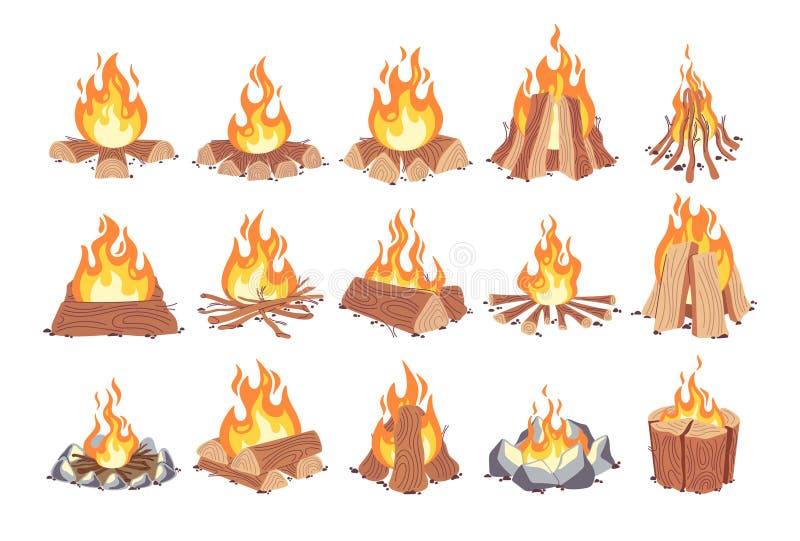 Camping Bonfire Cartoon Set with Burning Firewood, Stone Fireplaces of ...