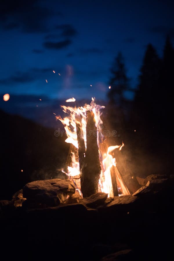 Camping Bonfire with Yellow and Red Flames in Summer, Forest. Copy ...